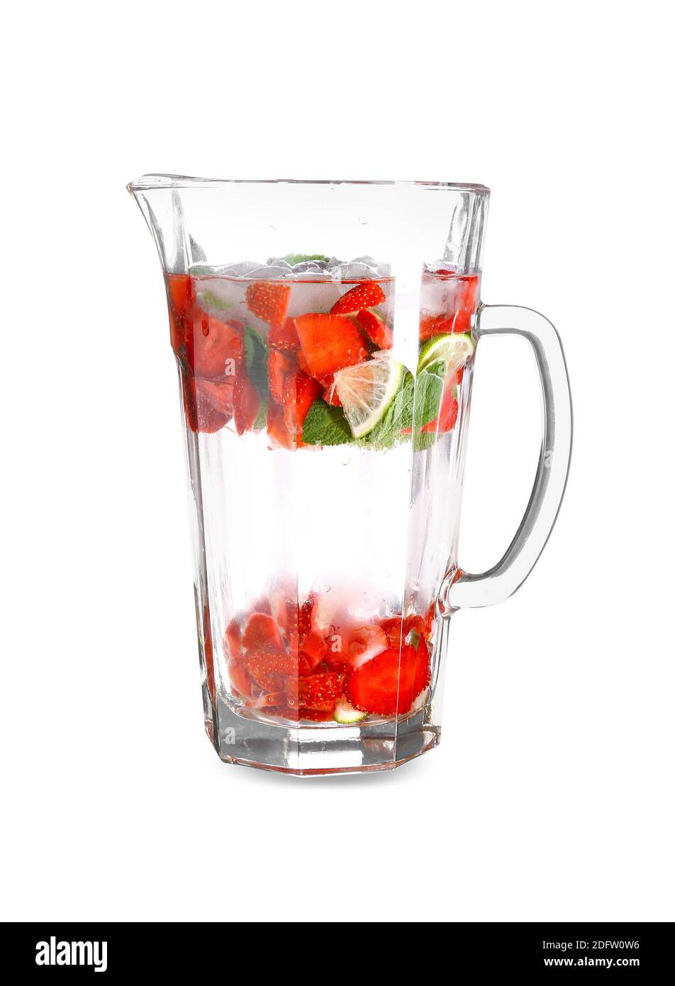 Glass jug of fresh strawberry mojito cocktail on white background Stock ...