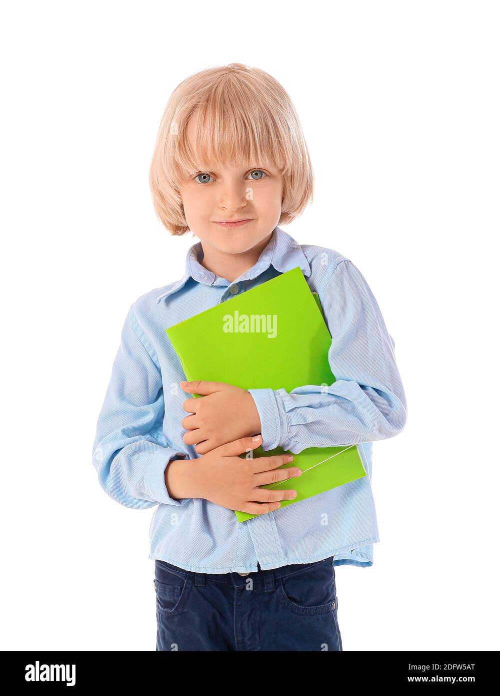 Cute little boy with notebooks on white background Stock Photo - Alamy