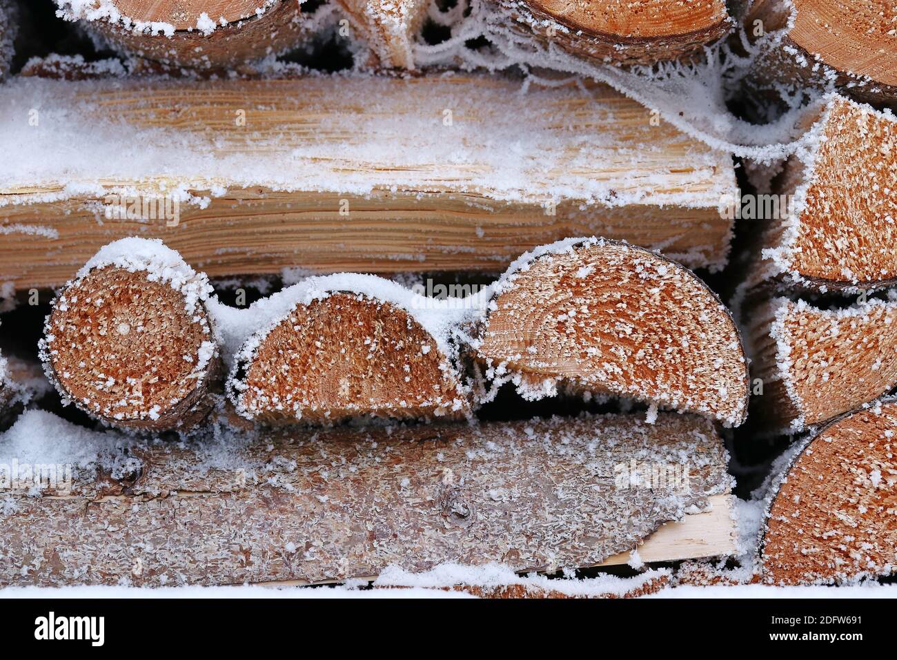 A stack of firewood with snow and hoarfrost in winter Stock Photo - Alamy