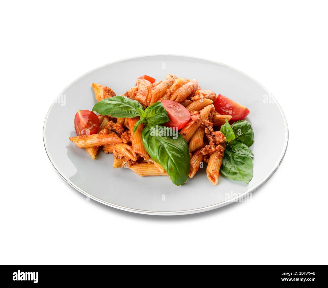 Plate of penne pasta with tomato sauce on white background Stock Photo ...