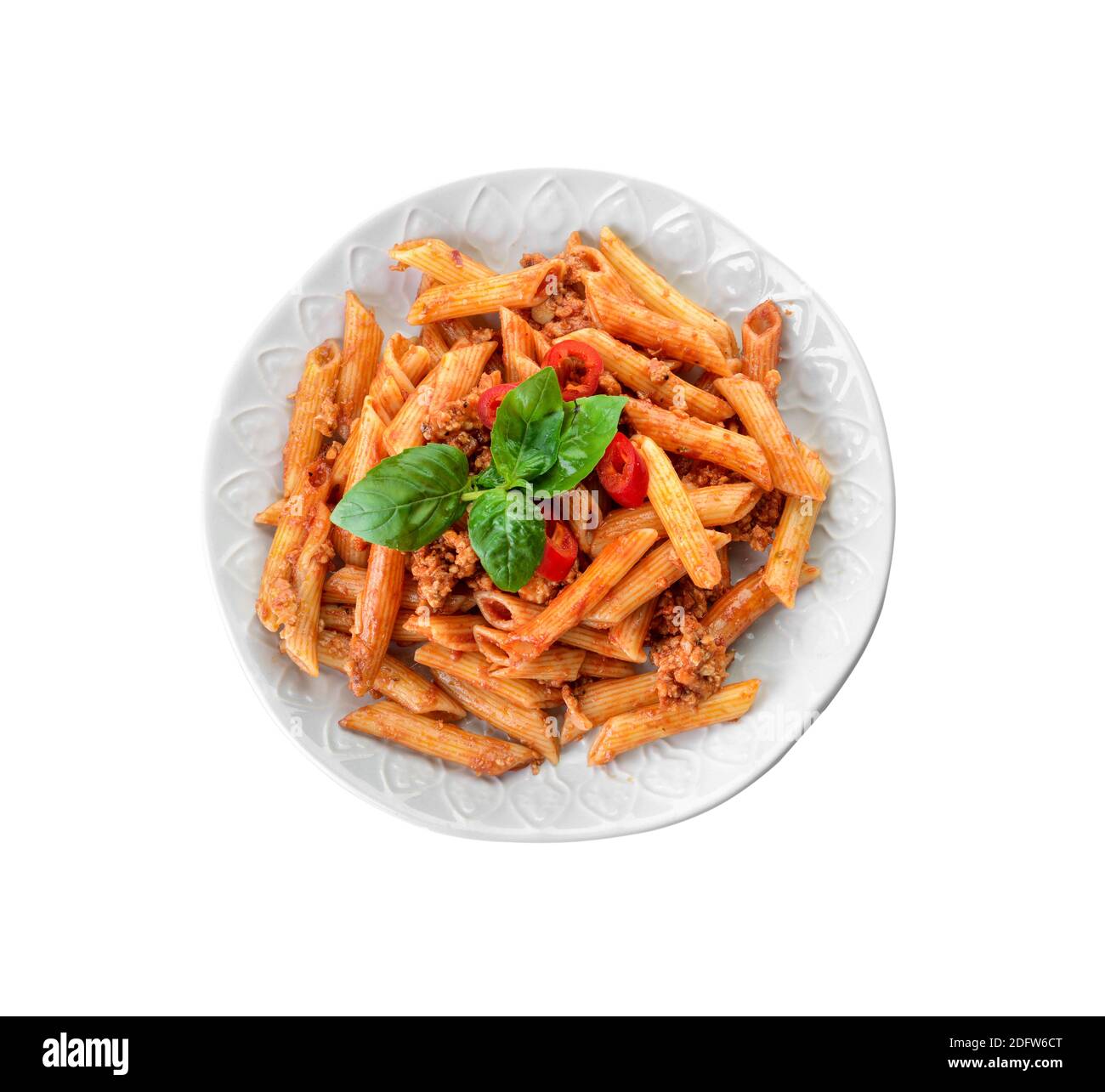 Plate of penne pasta with tomato sauce on white background Stock Photo ...