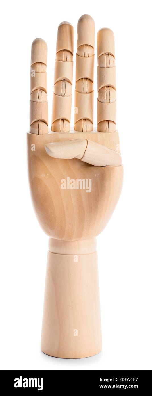 Wooden hand showing letter B on white background. Sign language ...