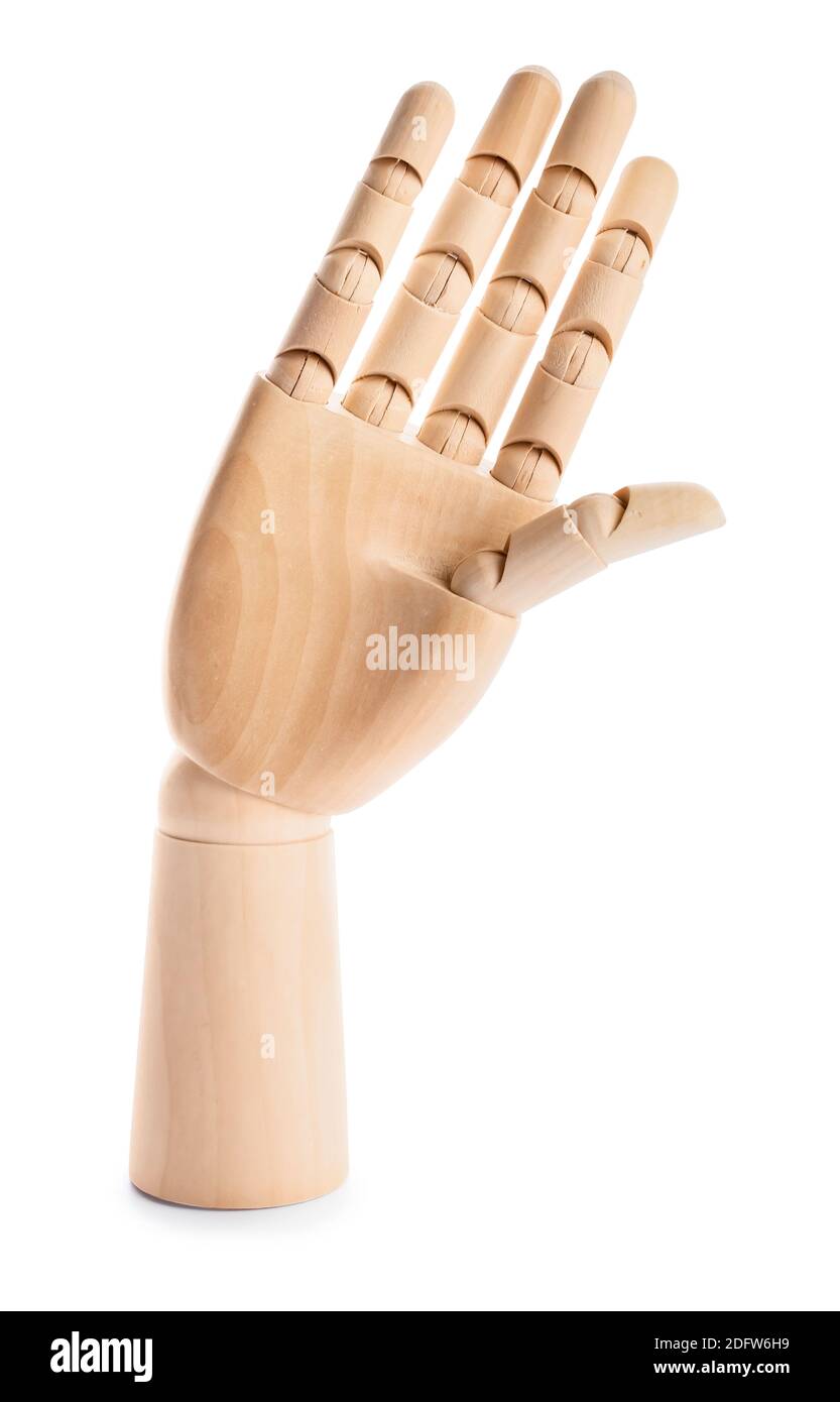 Wooden hand waving on white background Stock Photo - Alamy