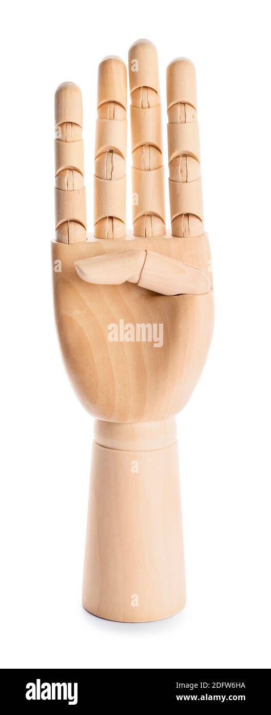 Wooden hand showing letter B on white background. Sign language ...