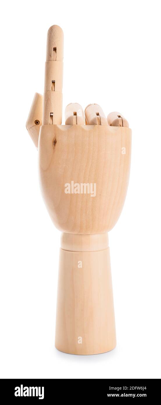 Wooden hand showing letter D on white background. Sign language ...