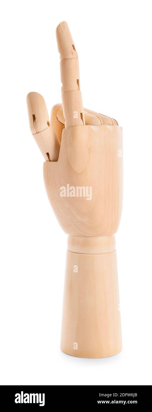 Wooden hand showing letter D on white background. Sign language ...