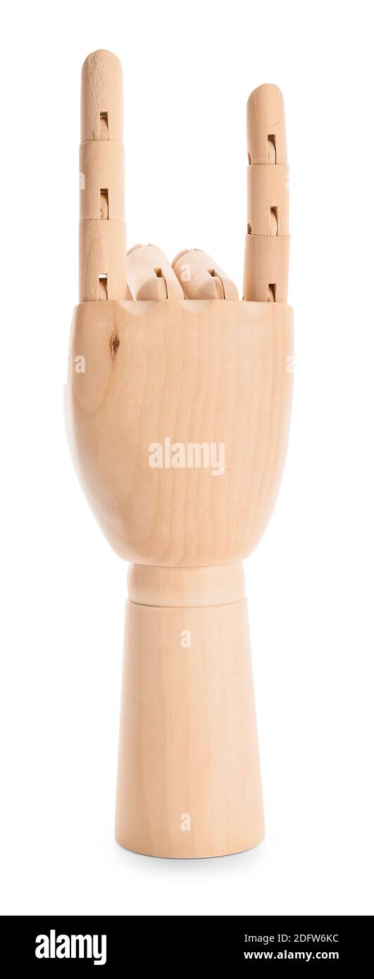 Wooden hand showing letter H on white background. Sign language ...