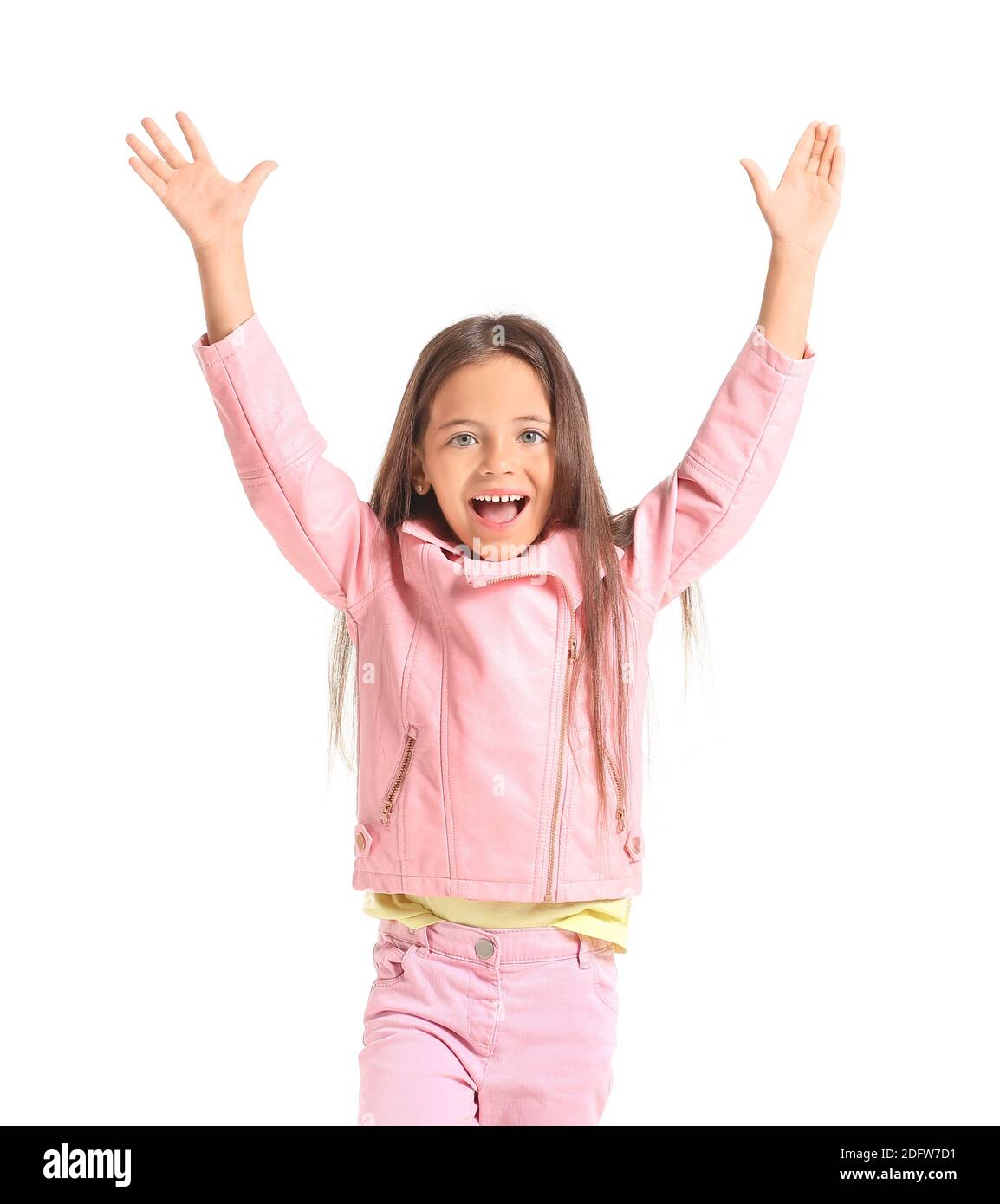 Happy little girl on white background Stock Photo - Alamy