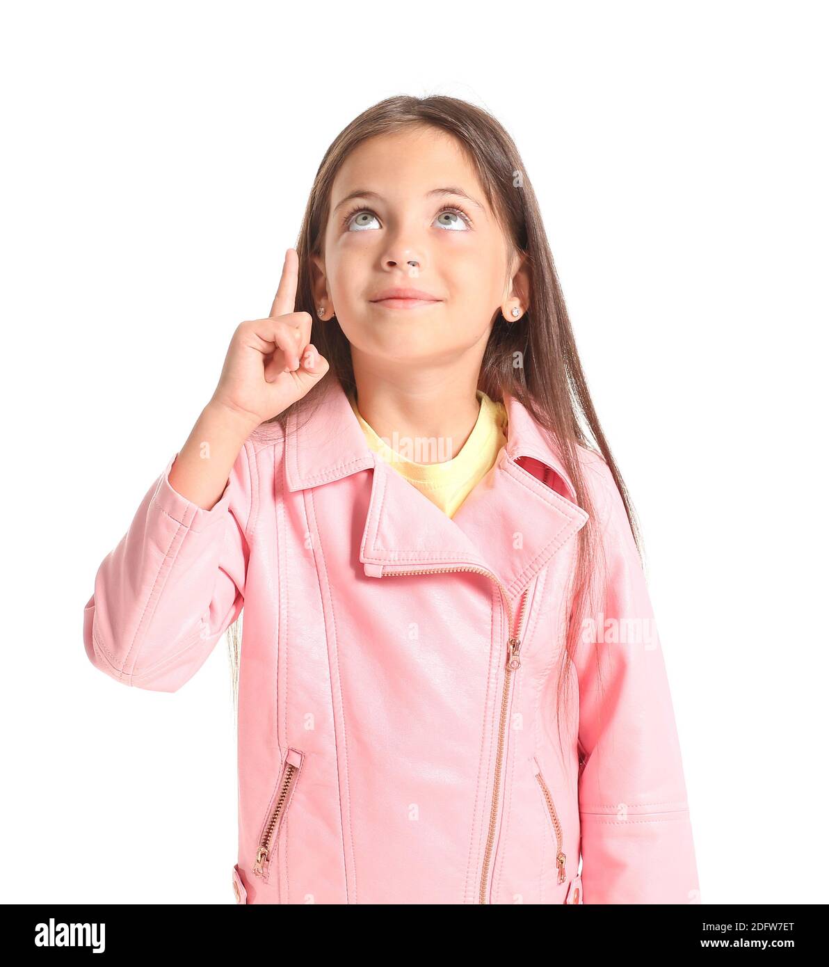 Cute little girl with raised index finger on white background Stock ...