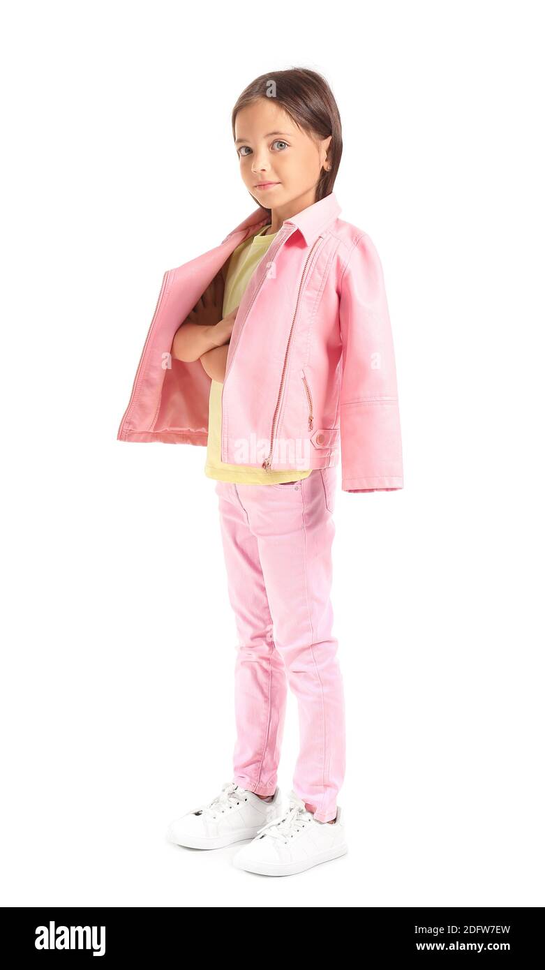 Cute little girl on white background Stock Photo - Alamy