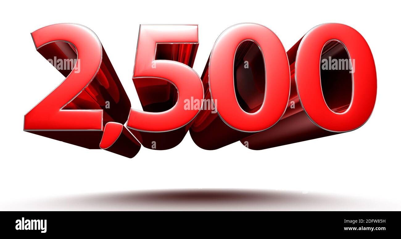 Red numbers 2500 isolated on white background illustration 3D rendering ...