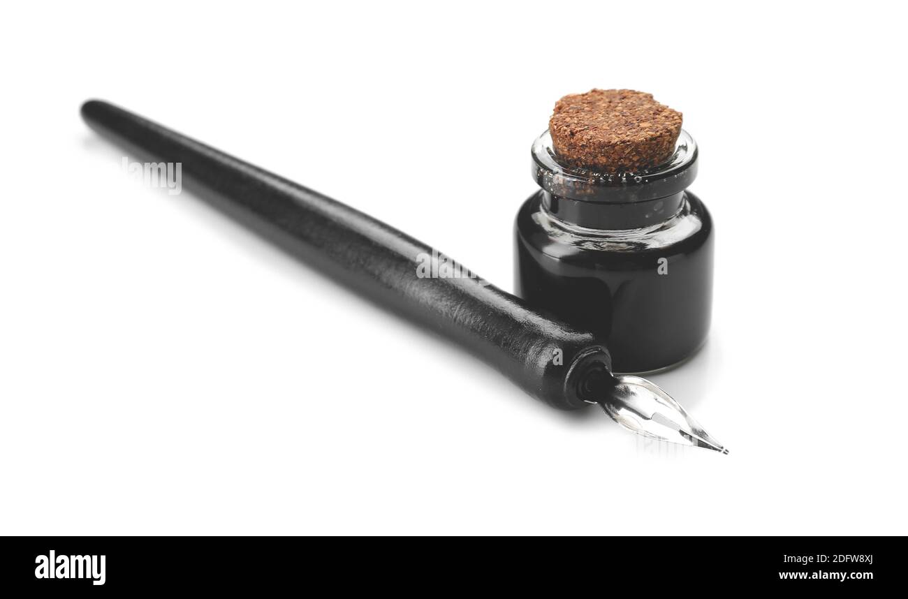 Nib pen and inkwell on white background Stock Photo - Alamy