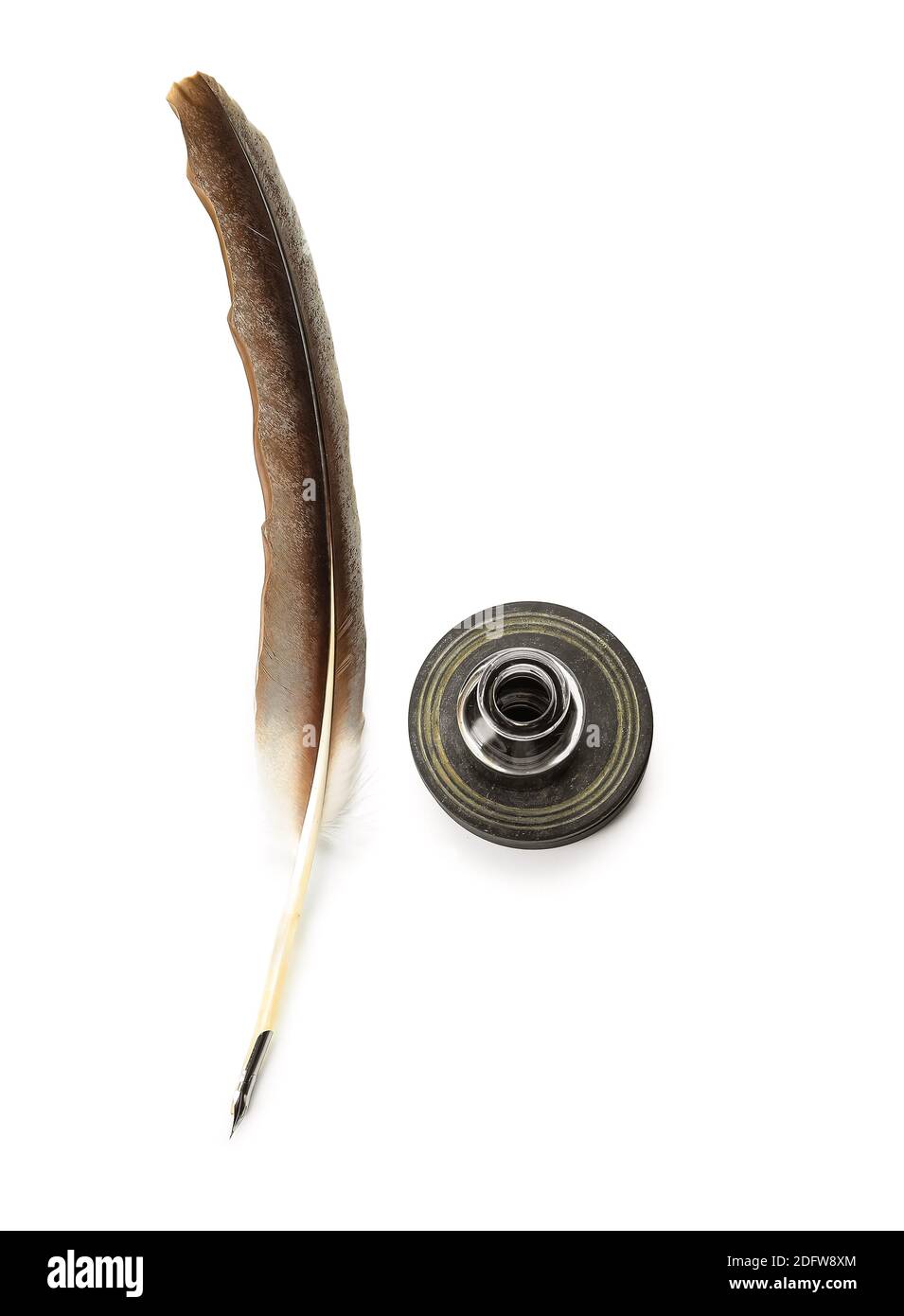 Feather pen and inkwell on white background Stock Photo - Alamy