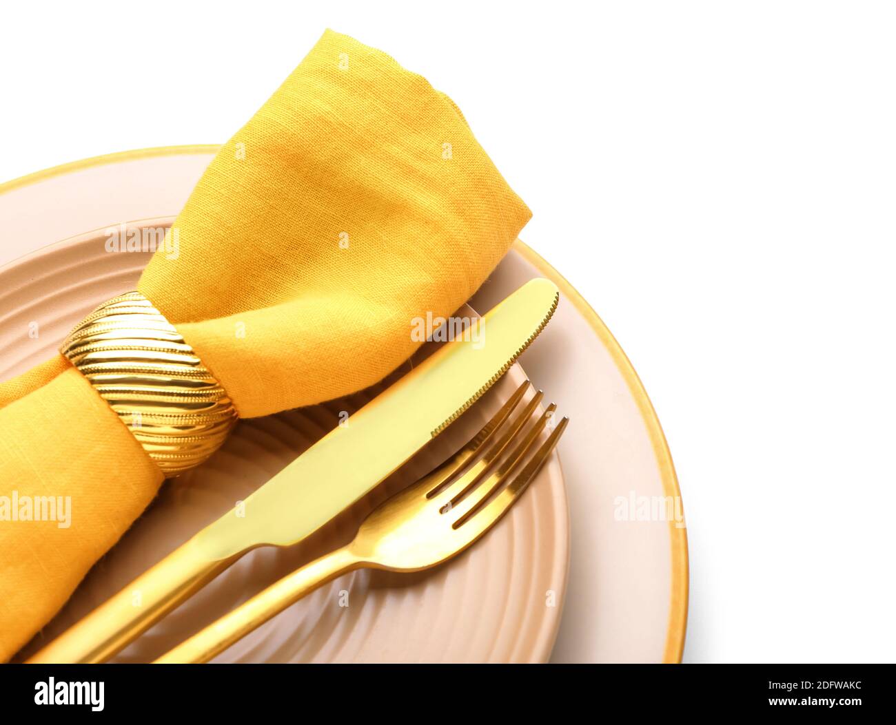 Beautiful table setting on white background Stock Photo - Alamy