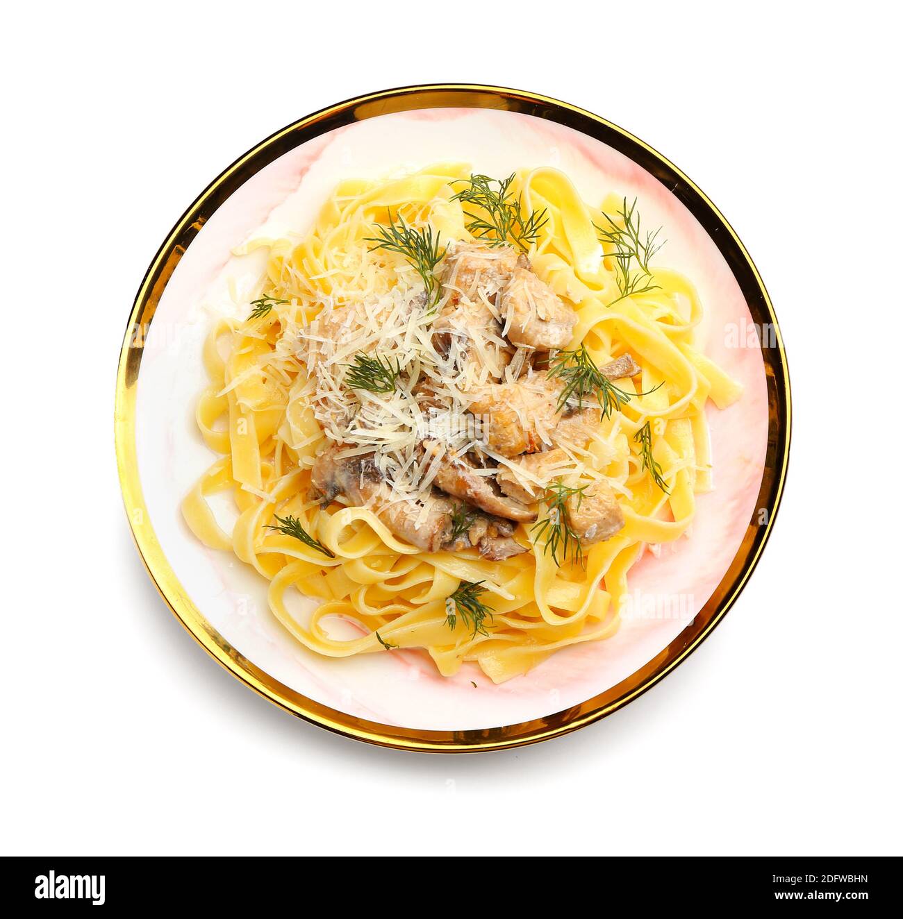 Plate of tasty pasta with chicken on white background Stock Photo - Alamy