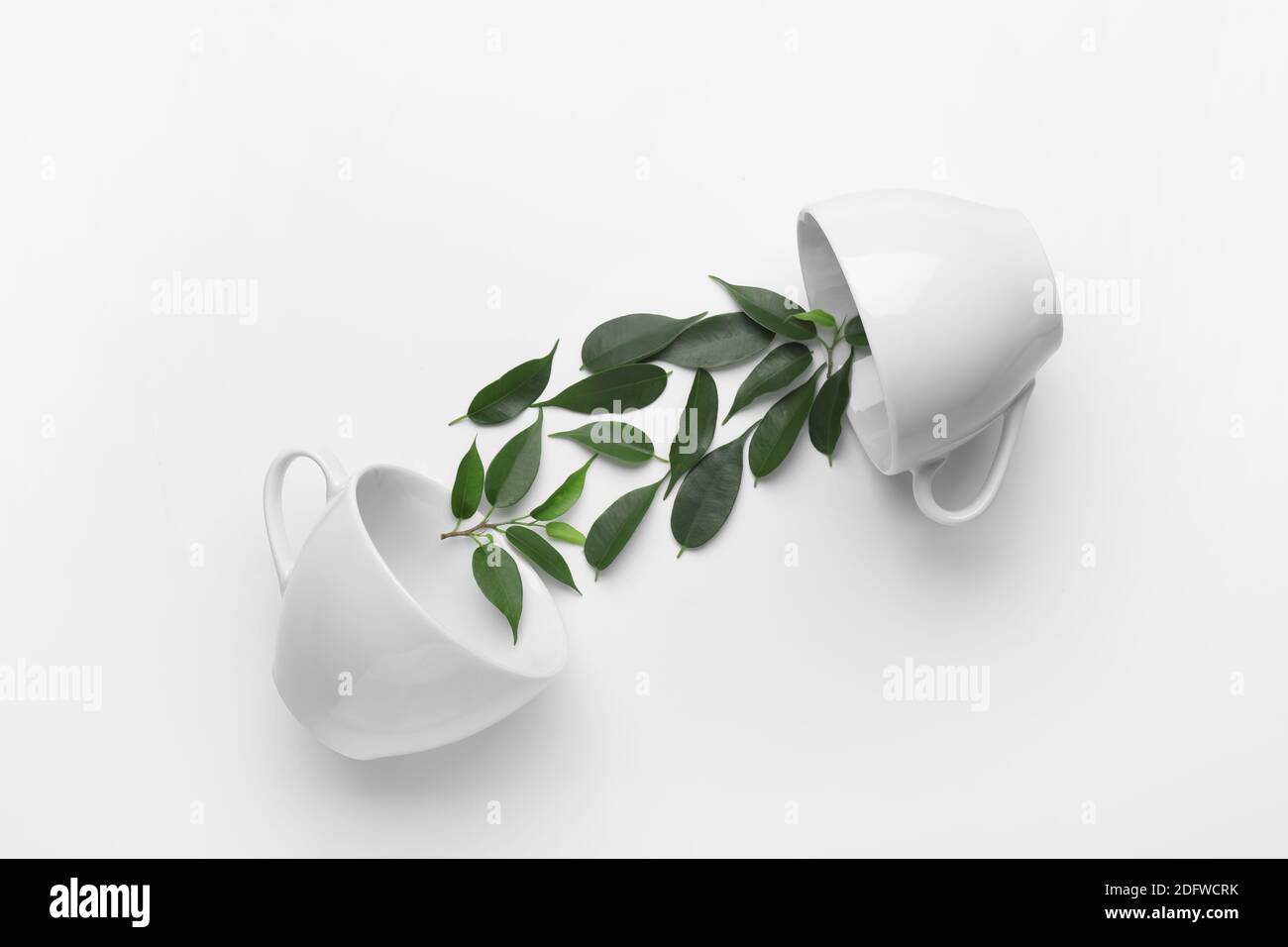 Two cups and green tea leaves on white background Stock Photo - Alamy