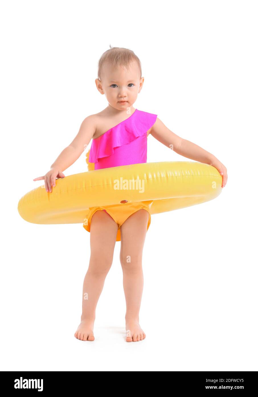 Cute baby girl with inflatable ring on white background Stock Photo - Alamy