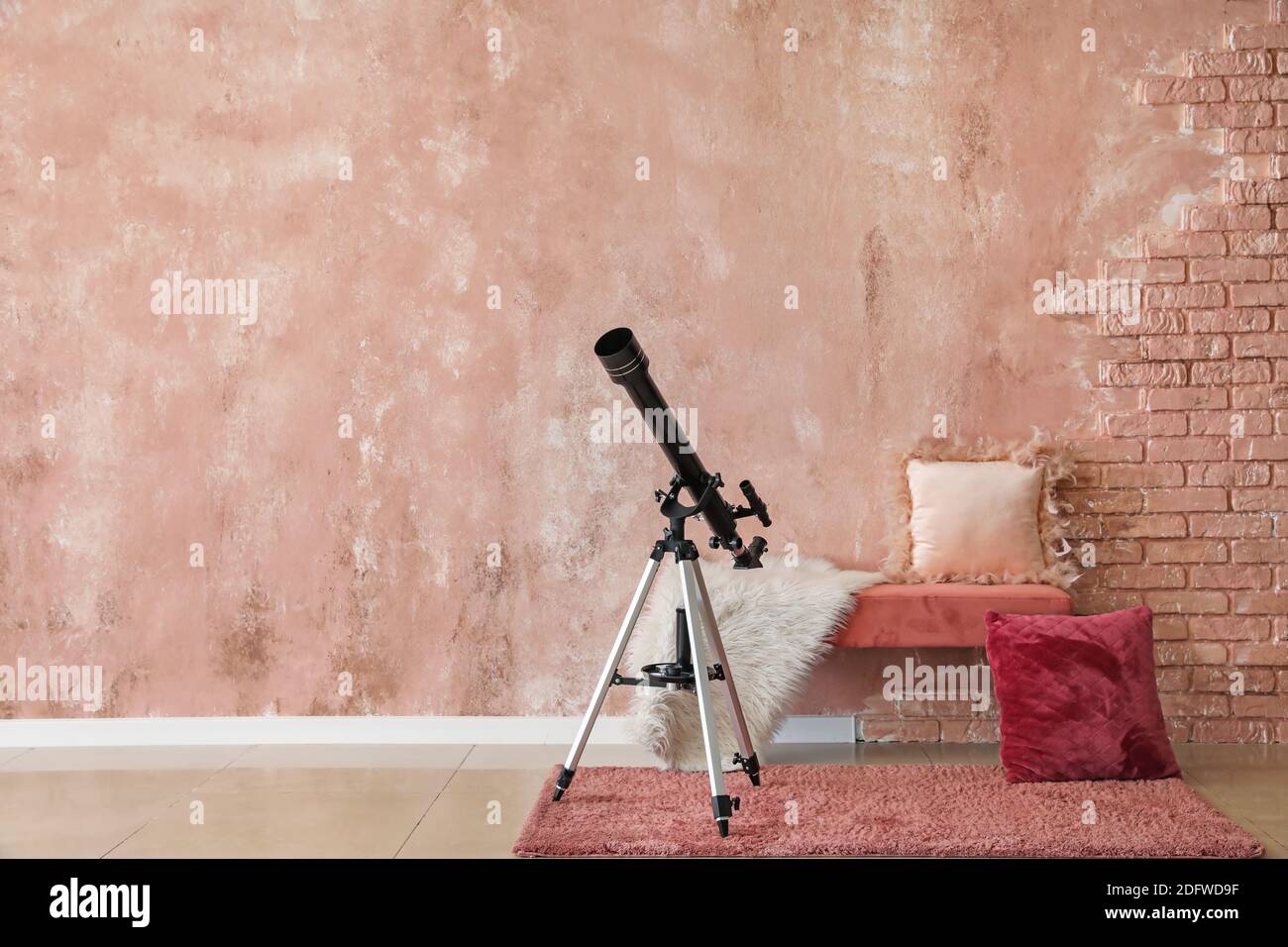 Interior of modern room with telescope Stock Photo - Alamy