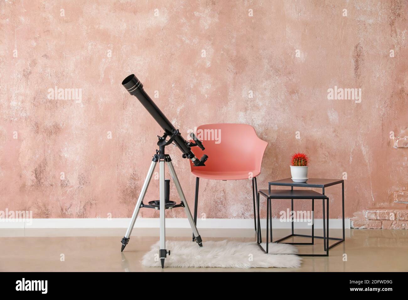 Interior of modern room with telescope Stock Photo - Alamy