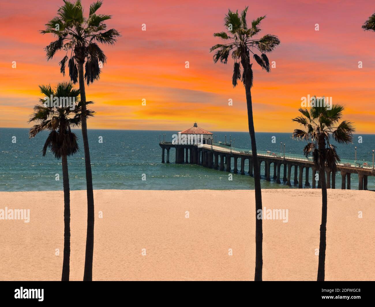 View of Manhattan Beach pier with sunset sky in scenic Southern ...