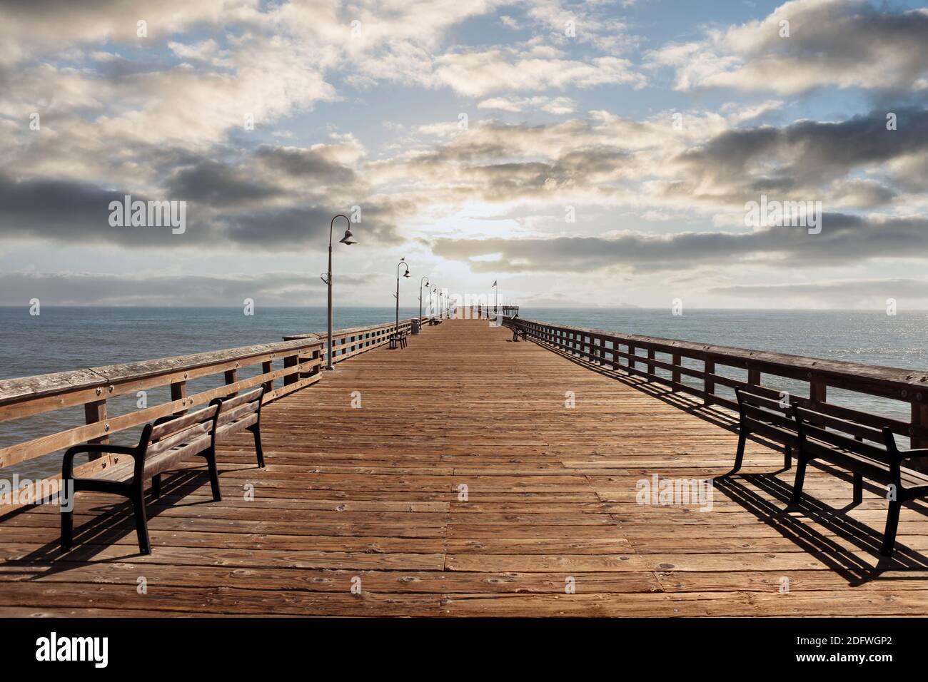 View of historic Ventura pier with sunset sky near Los Angeles ...