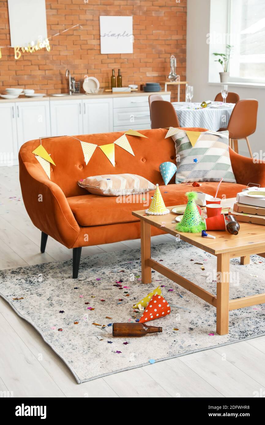 Interior of messy room after party Stock Photo - Alamy