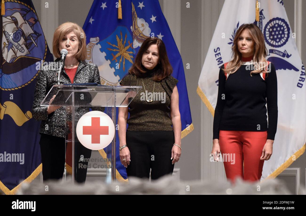 Red Cross CEO Gail McGovern (L) speaks as First lady Melania Trump (R ...