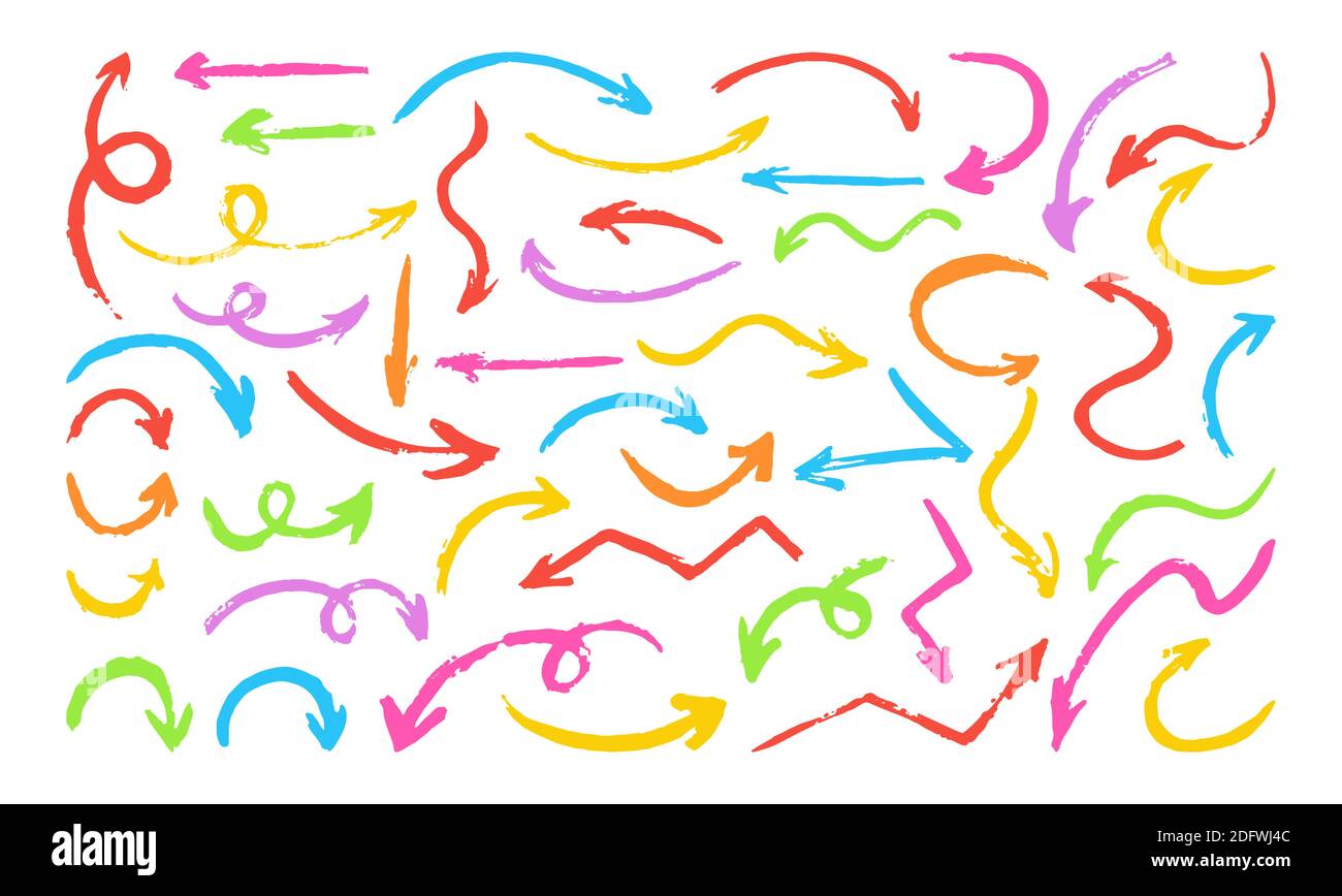 Painted arrows colorful hand drawing set. Bright grunge pointer ...