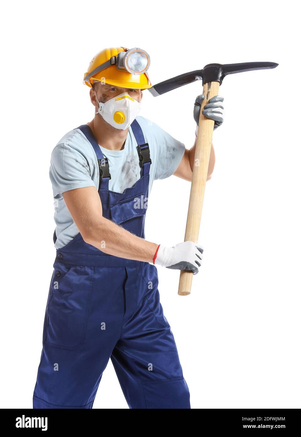 Miner man with pick axe on white background Stock Photo - Alamy