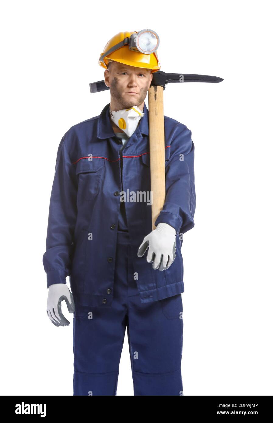 Miner man with pick axe on white background Stock Photo - Alamy