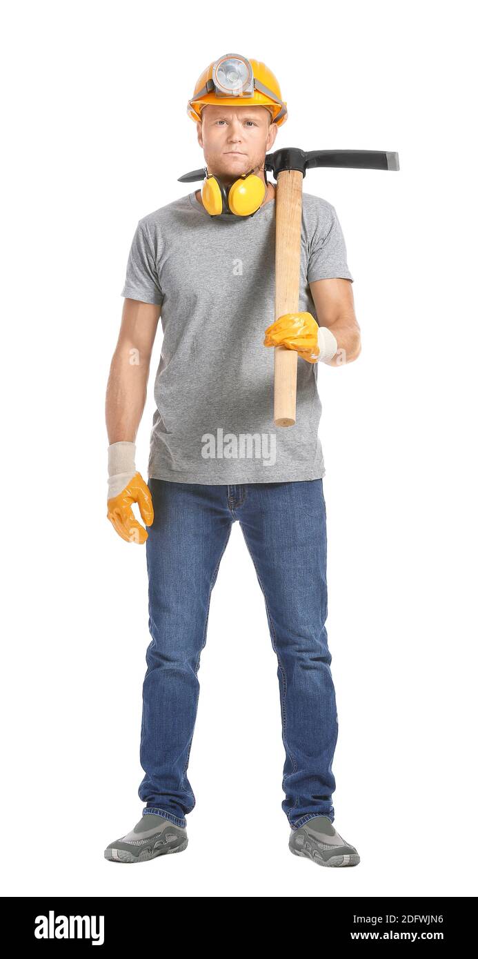 Miner man with pick axe on white background Stock Photo - Alamy