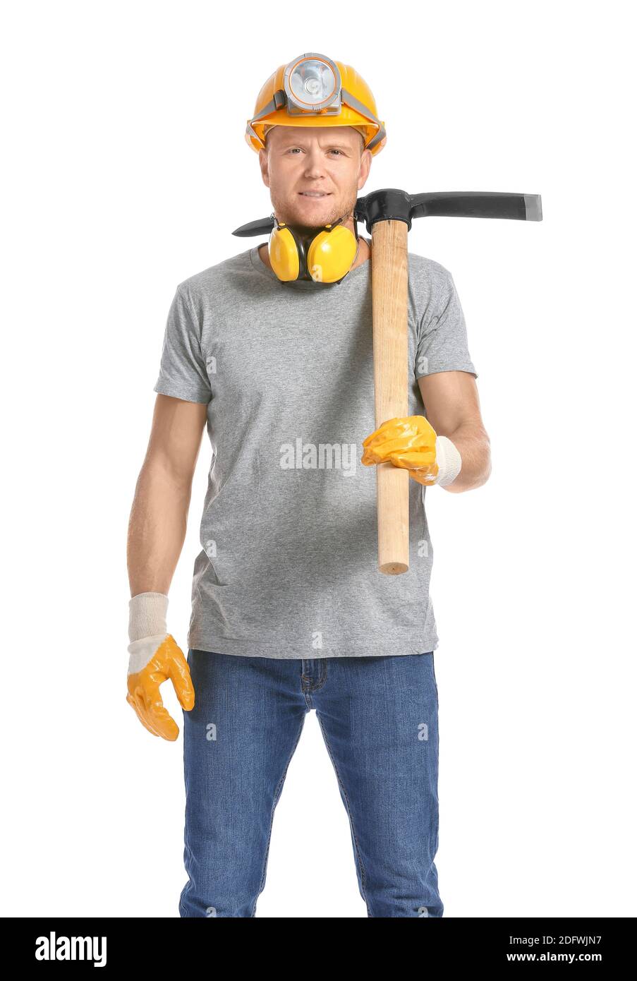 Miner man with pick axe on white background Stock Photo - Alamy