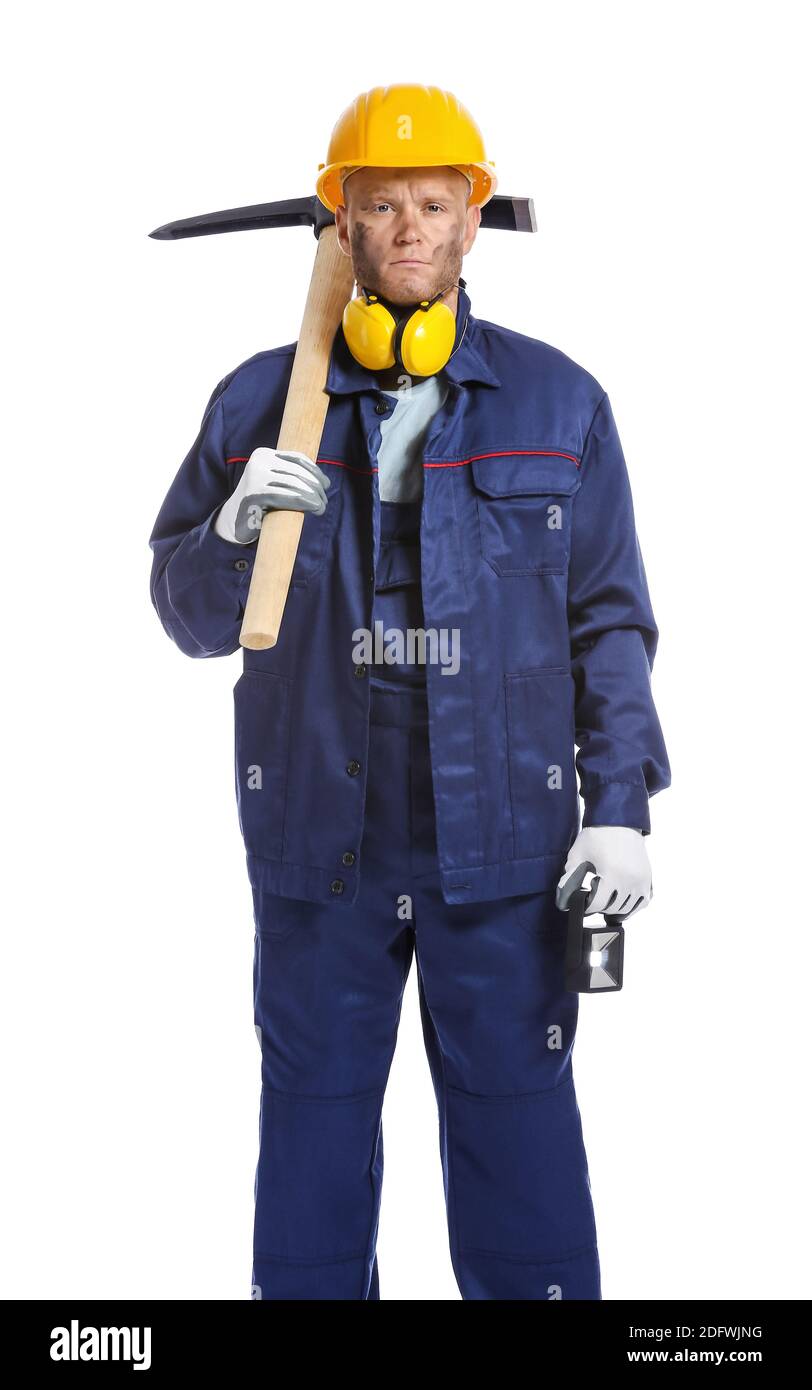 Miner man with pick axe on white background Stock Photo - Alamy