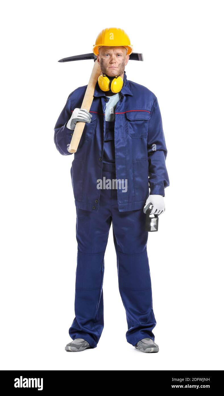 Miner man with pick axe on white background Stock Photo - Alamy
