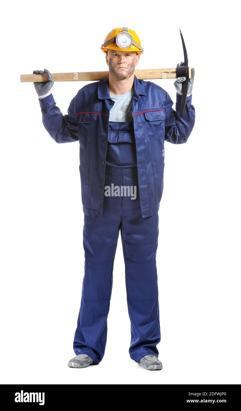 Miner man with pick axe on white background Stock Photo - Alamy