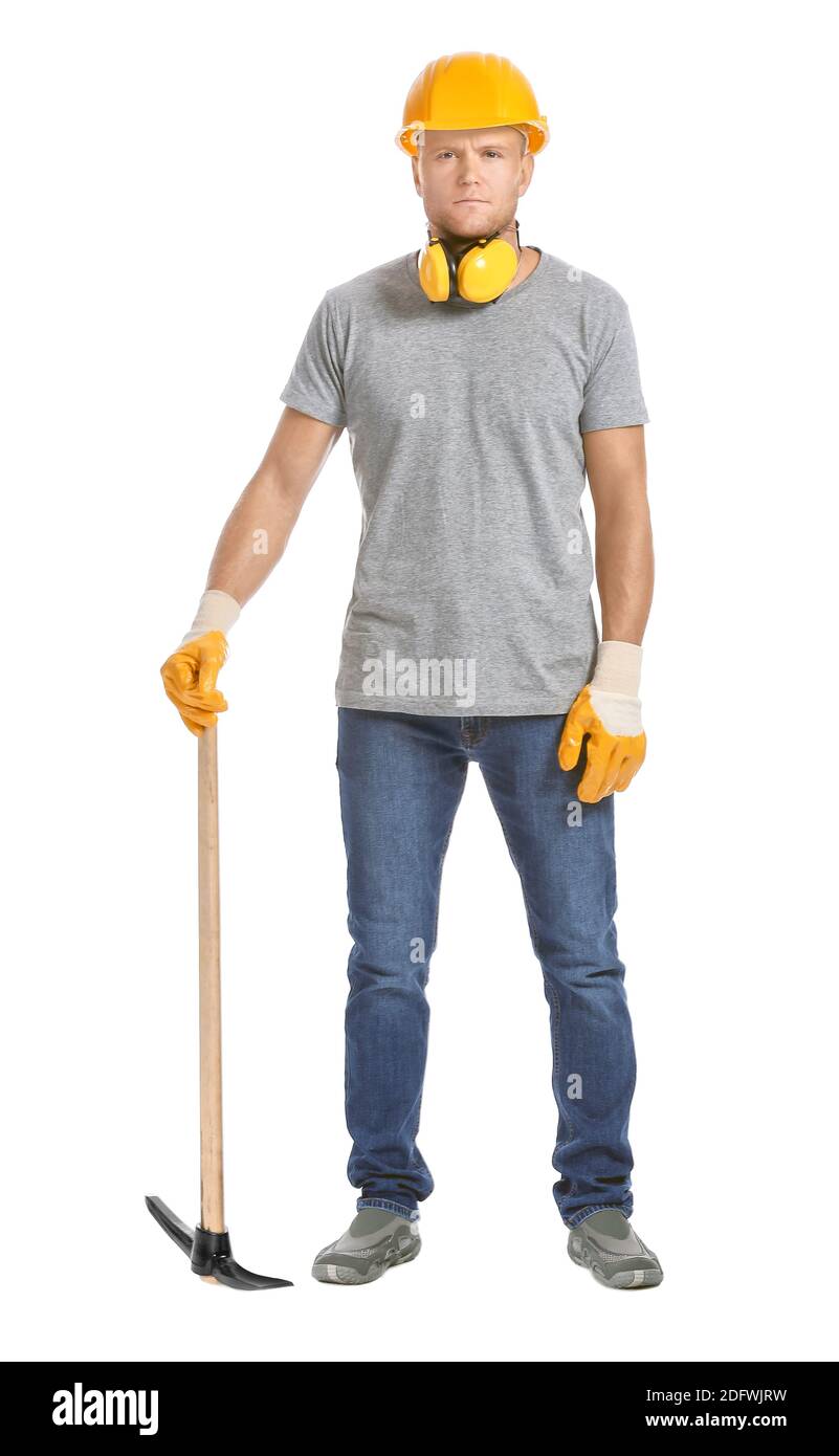 Miner man with pick axe on white background Stock Photo - Alamy