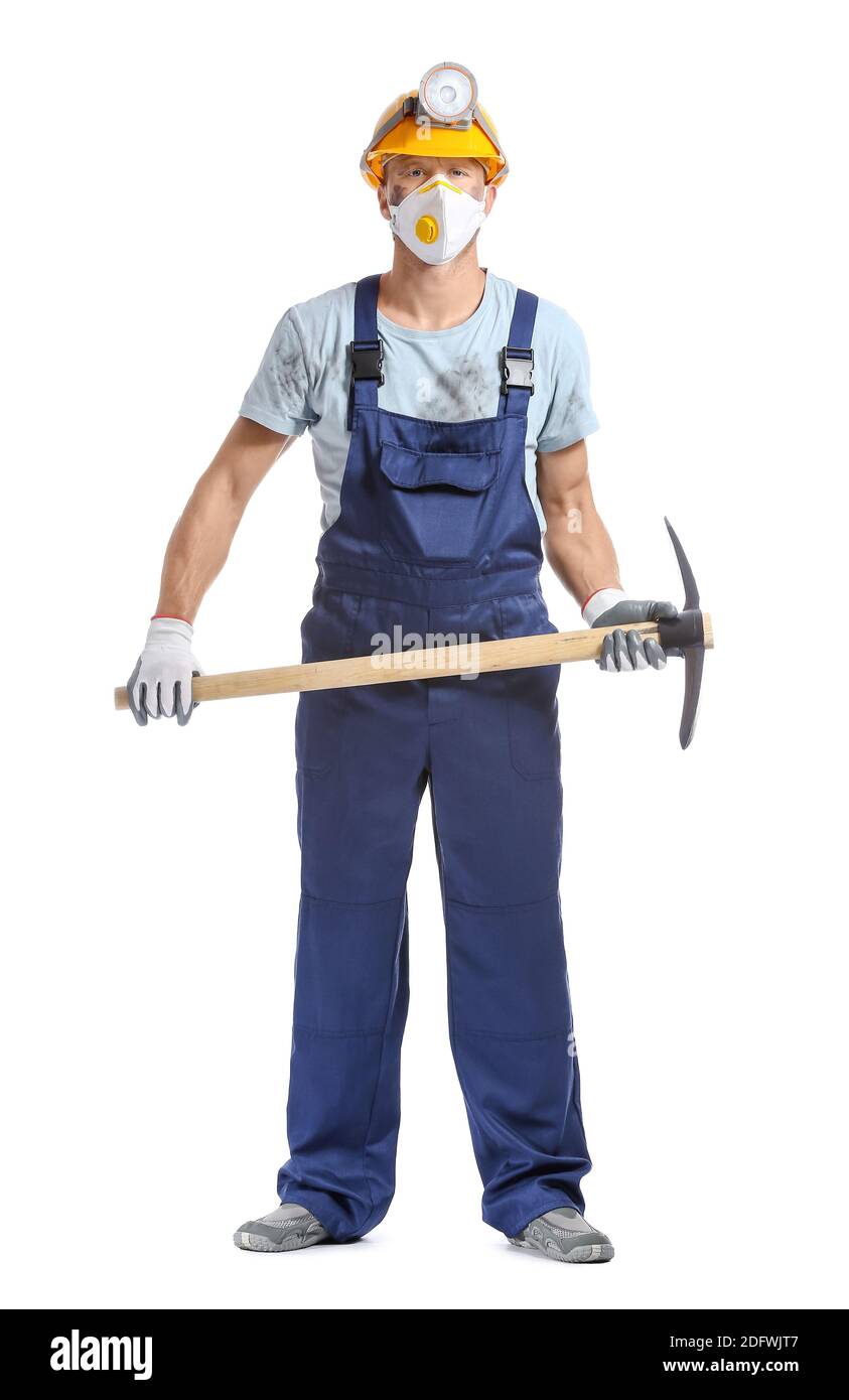 Miner man with pick axe on white background Stock Photo - Alamy