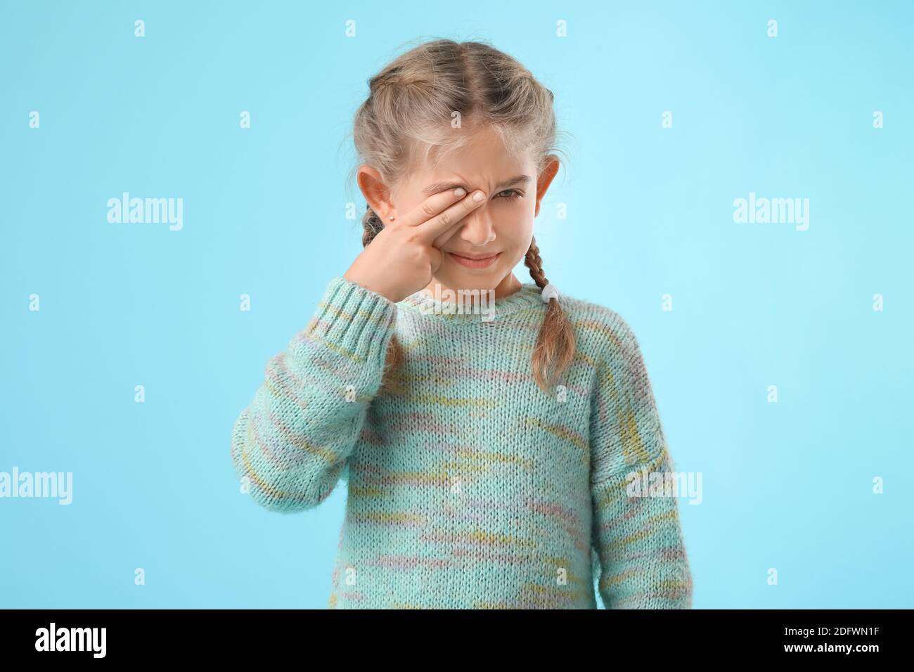 Little allergic girl on color background Stock Photo - Alamy