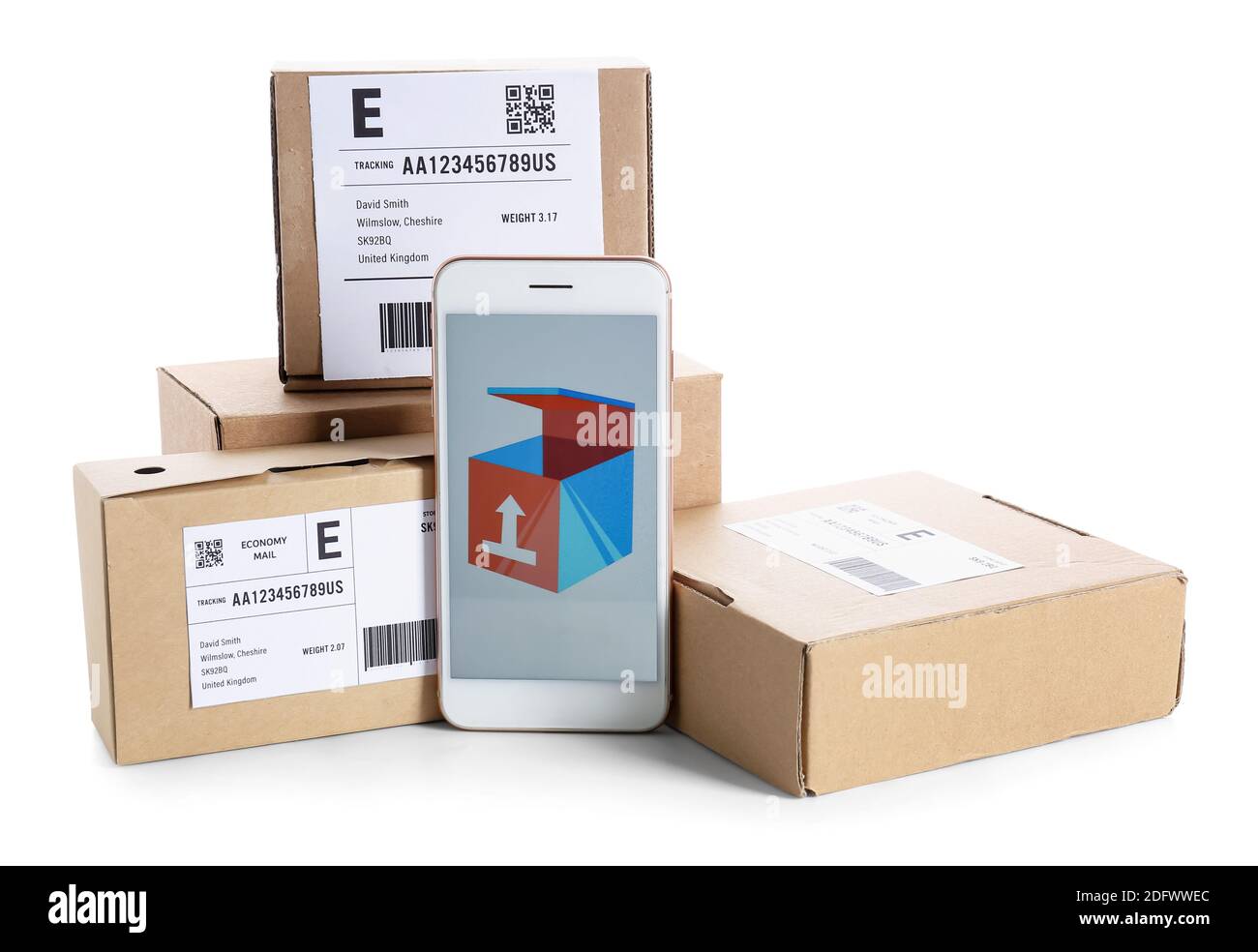 Mobile phone with open page of delivery service application and parcels ...