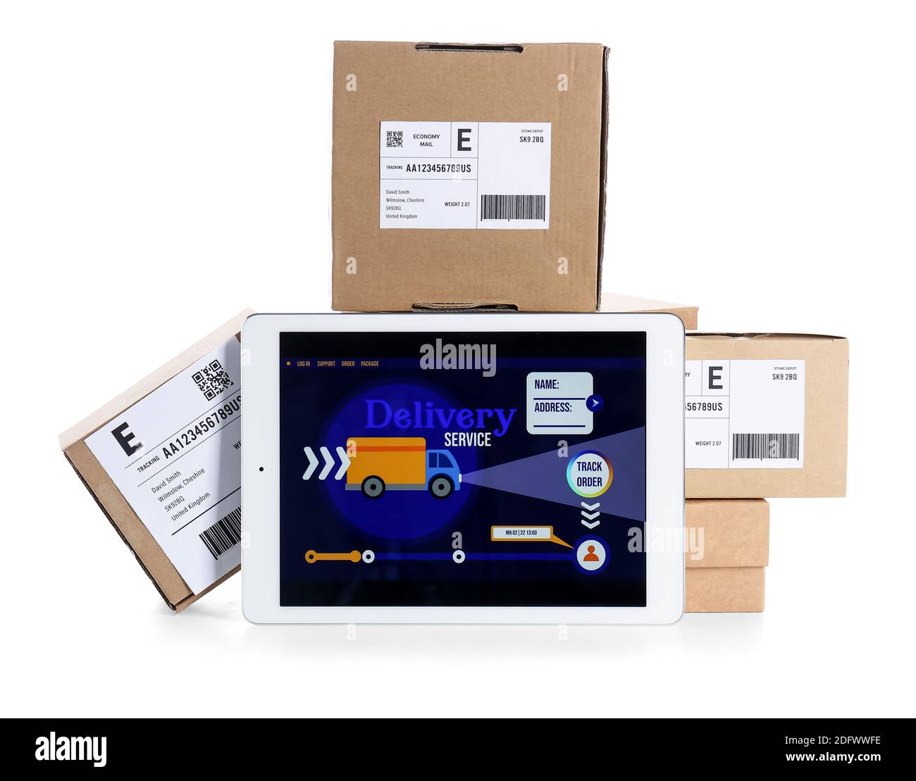 Tablet computer with open page of delivery service application and ...