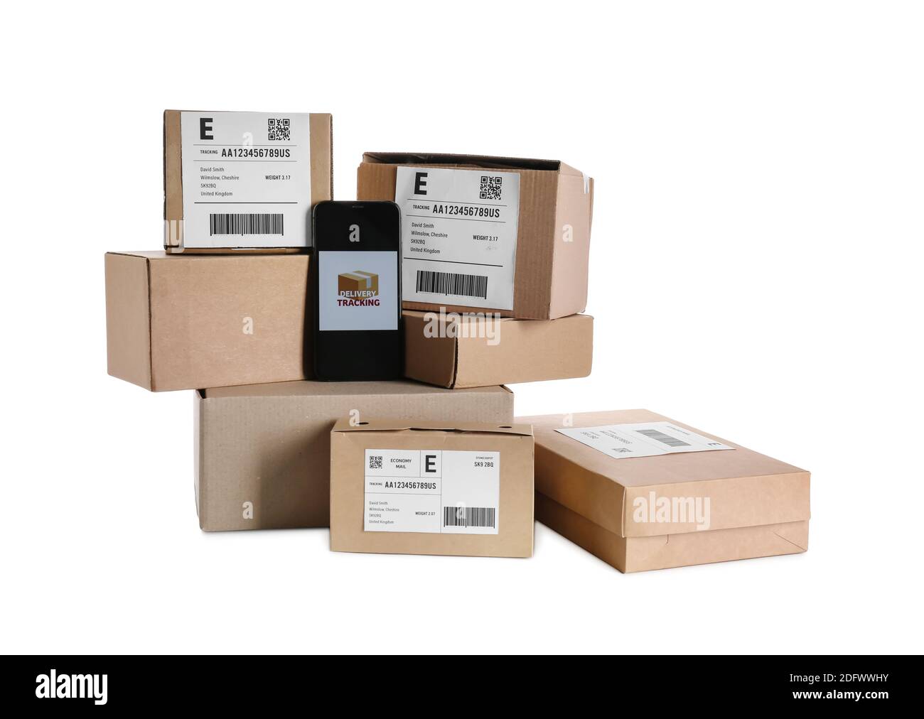 Mobile phone with open page of delivery service application and parcels ...