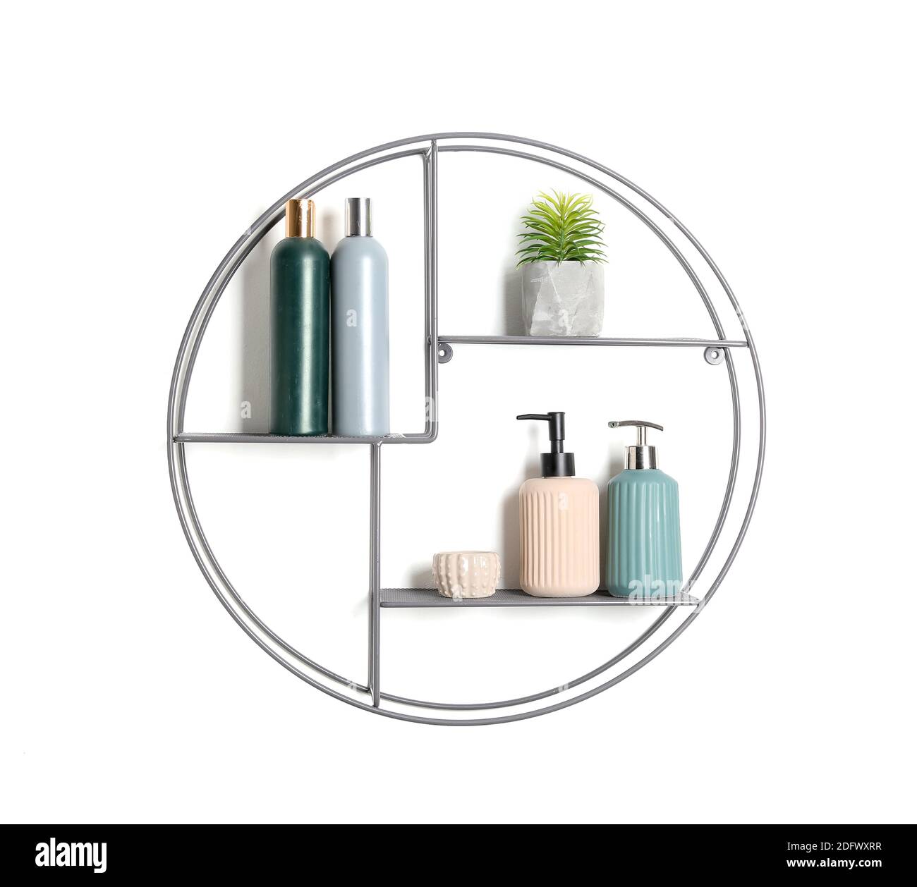 Modern shelf with body care cosmetics on white background Stock Photo ...