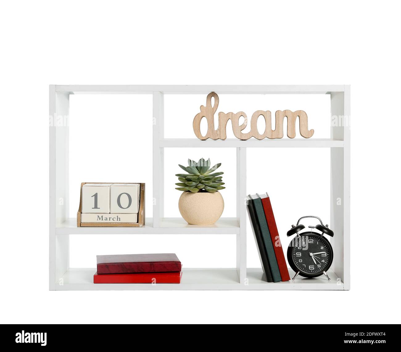 Modern shelf unit on white background Stock Photo - Alamy