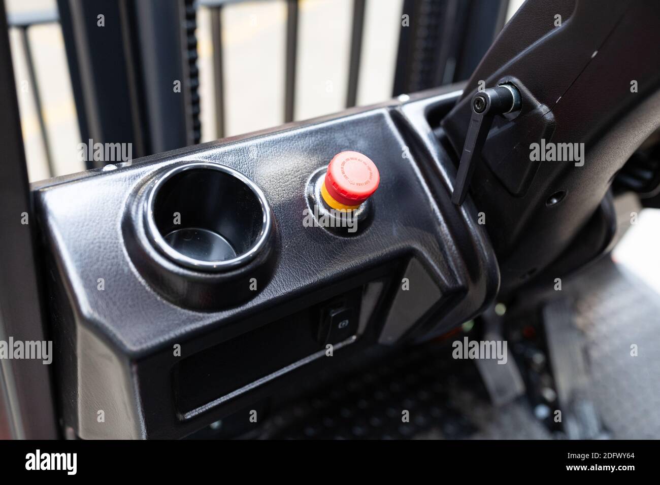 Detail of forklift cabin on warehouse. Industrial background Stock ...
