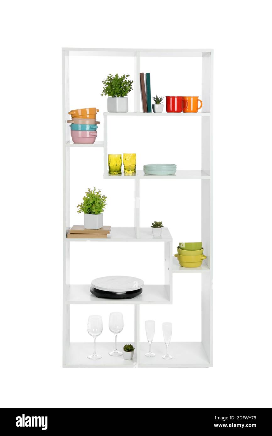 Modern shelf unit on white background Stock Photo - Alamy