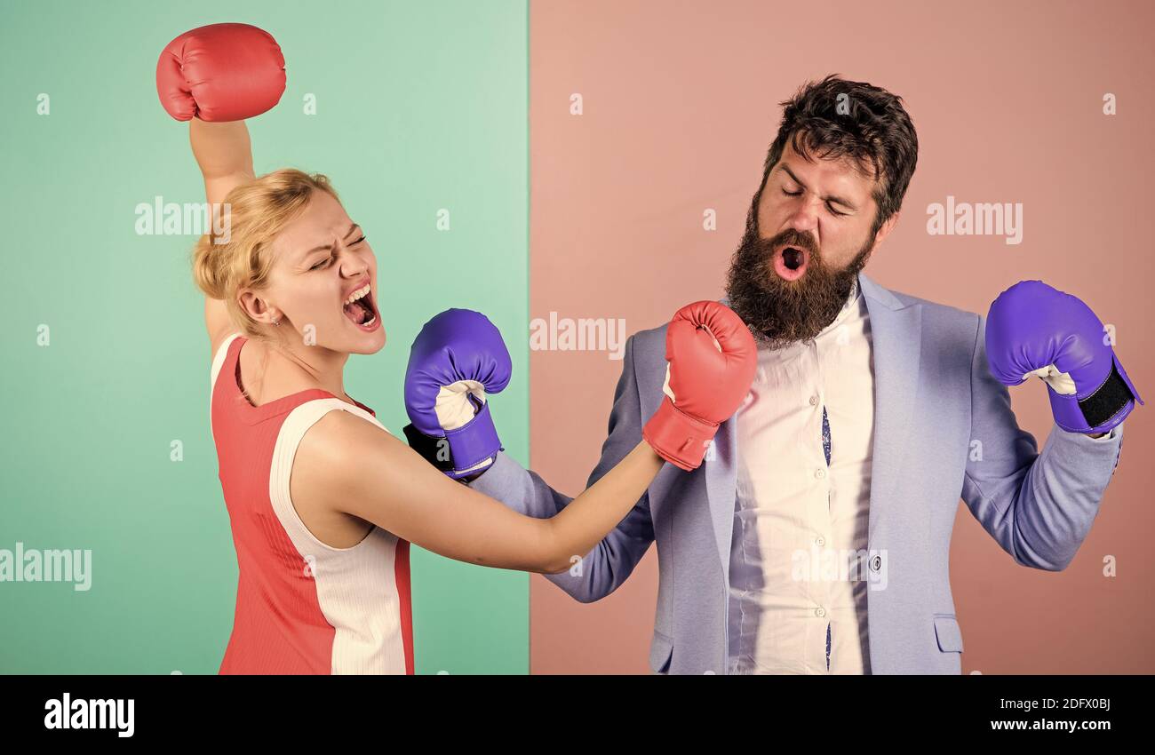 Man and woman boxing fight. Couple in love competing in boxing ...
