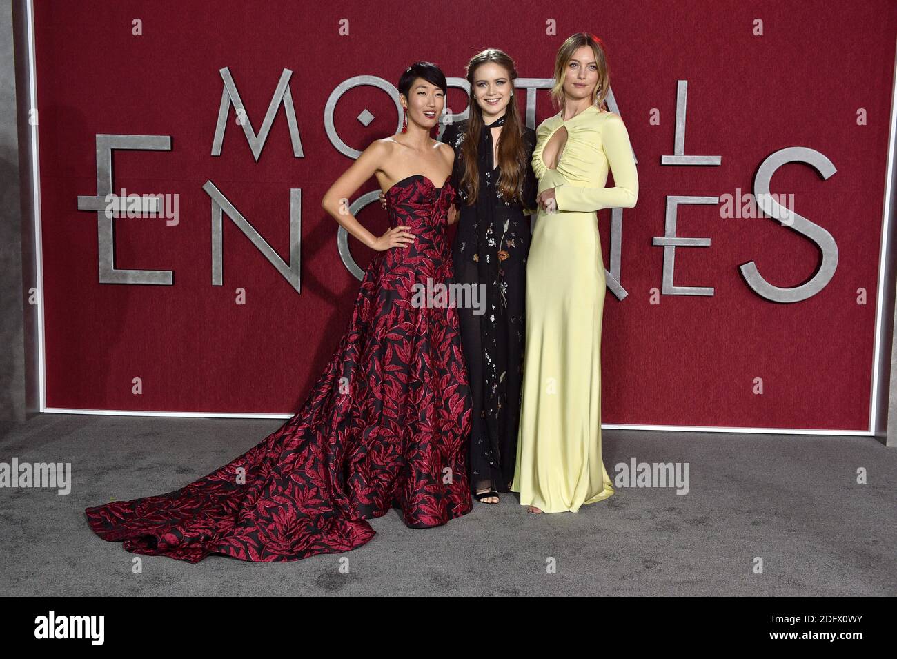 Leila George, Hera Hilmar and Jihae attend the Mortal Engines premiere in Los Angeles ...