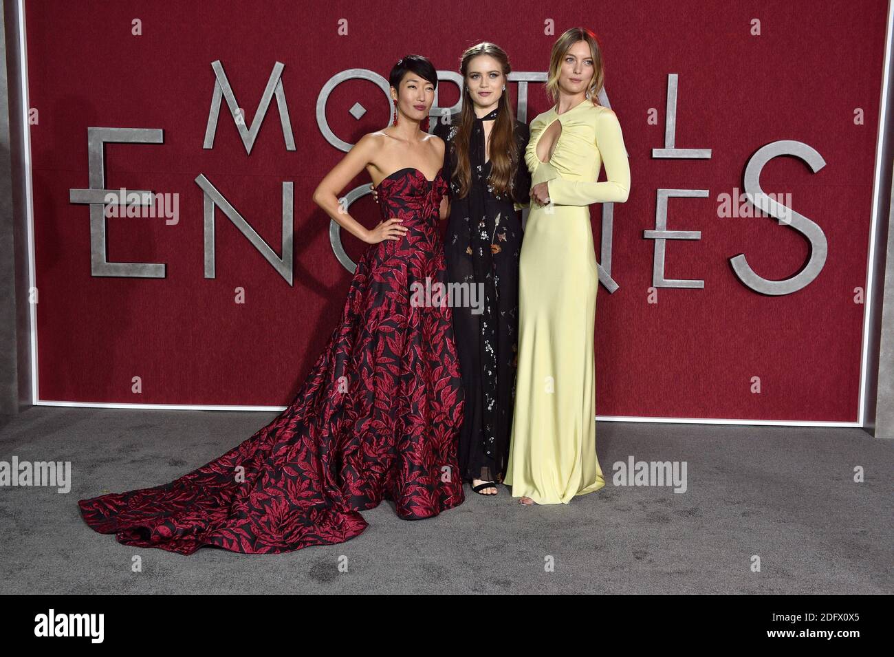 Leila George, Hera Hilmar and Jihae attend the Mortal Engines premiere ...