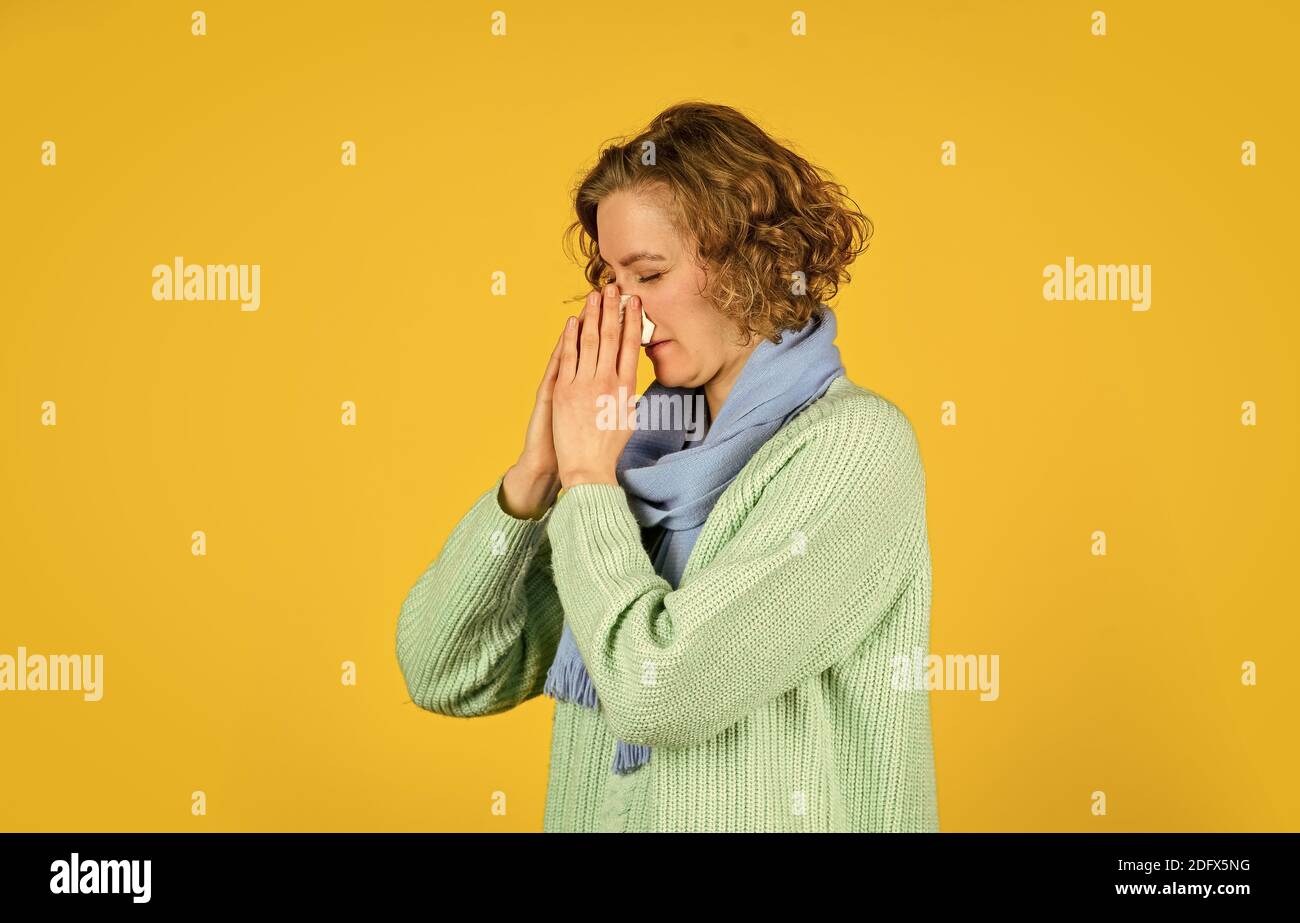 Inflammation nasal sinus. Chronic sinusitis. Cold flu symptoms. Woman ...