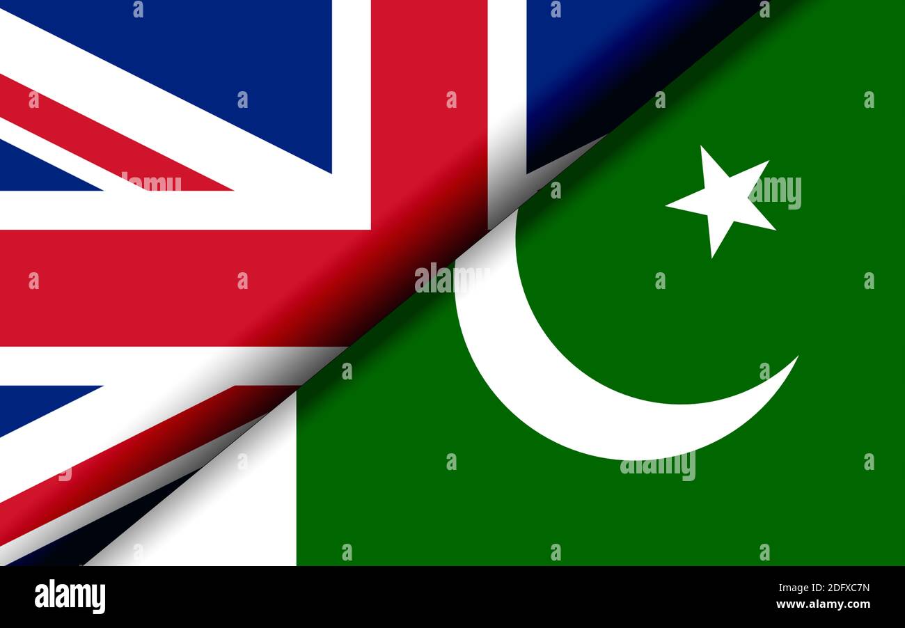 Flags of the United Kingdom and Pakistan divided diagonally. 3D ...
